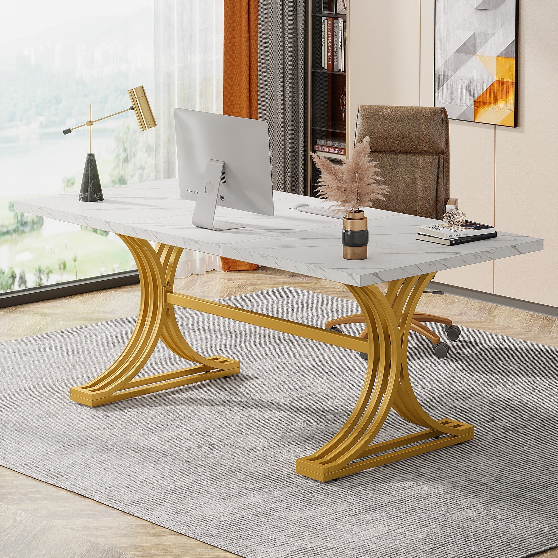 Tribesigns 63'' Modern Executive Computer Desk with Faux Marble Top