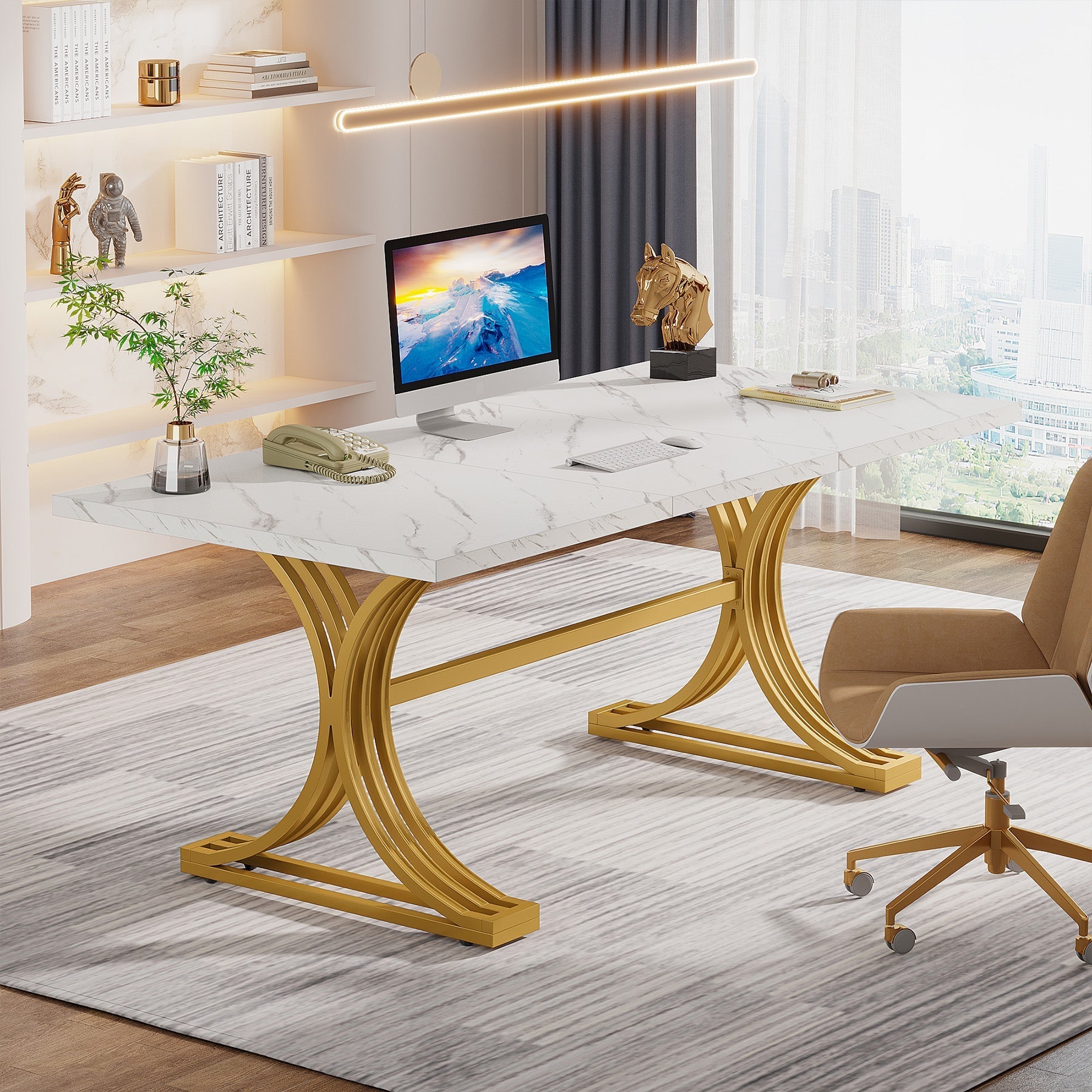 Tribesigns 63'' Modern Executive Computer Desk with Faux Marble Top