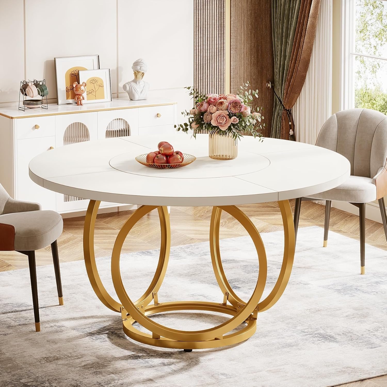 47.24-Inch Modern Round Dining Table for 4, White Wood Kitchen Table w ...