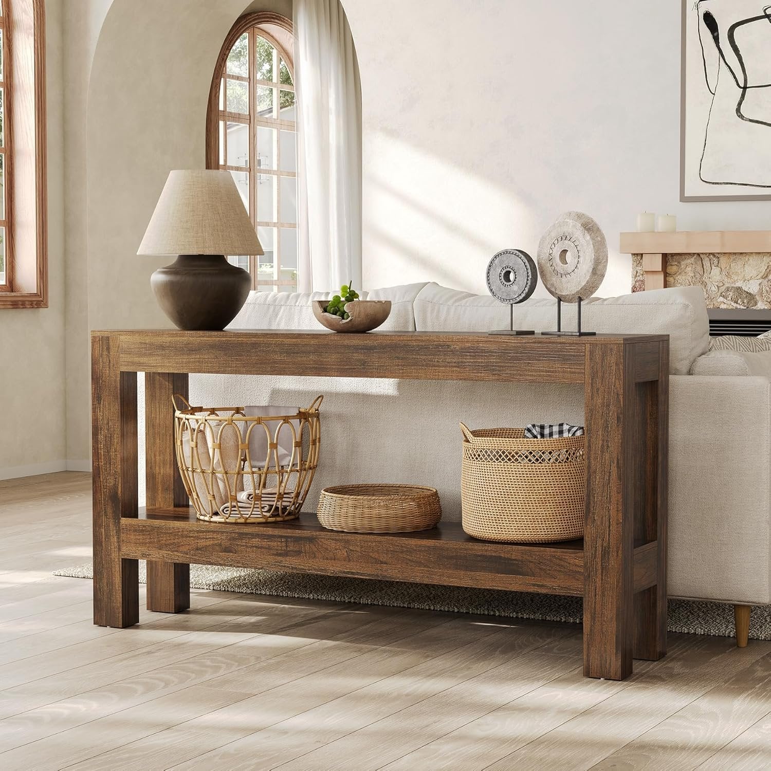 63" Farmhouse Console Table, Long Narrow Sofa Table with 2 Shelves for ...