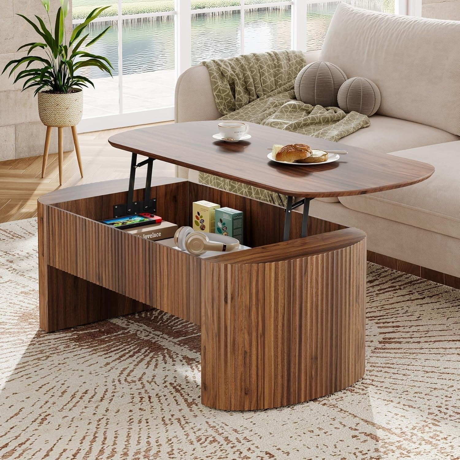 47-Inch Oval Lift Top Coffee Table, Rustic Brown with Storage Shelf an ...