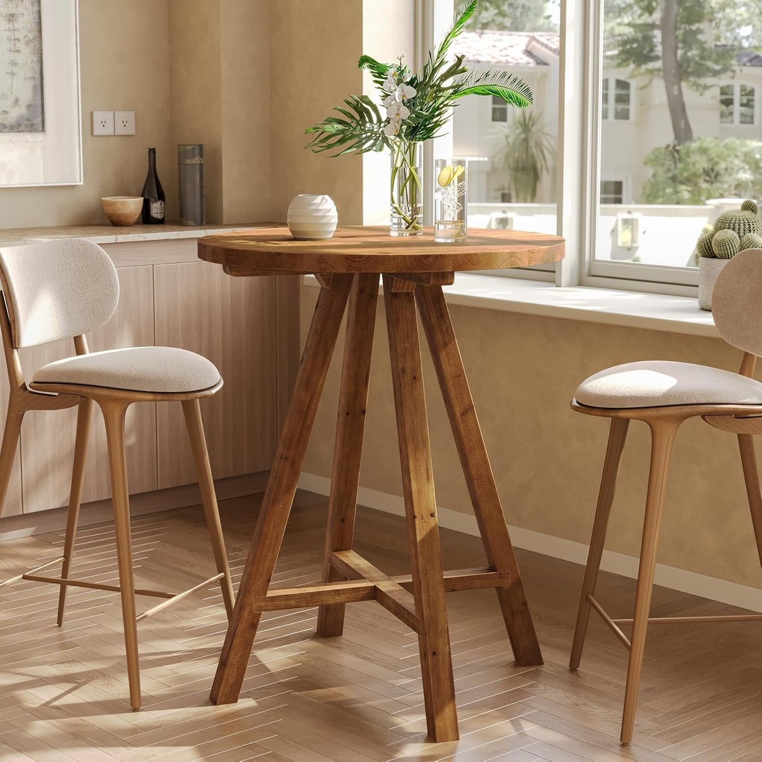 Solid Wood Bar Table, 31.5" Round Pub Table for Kitchen-Tribesigns