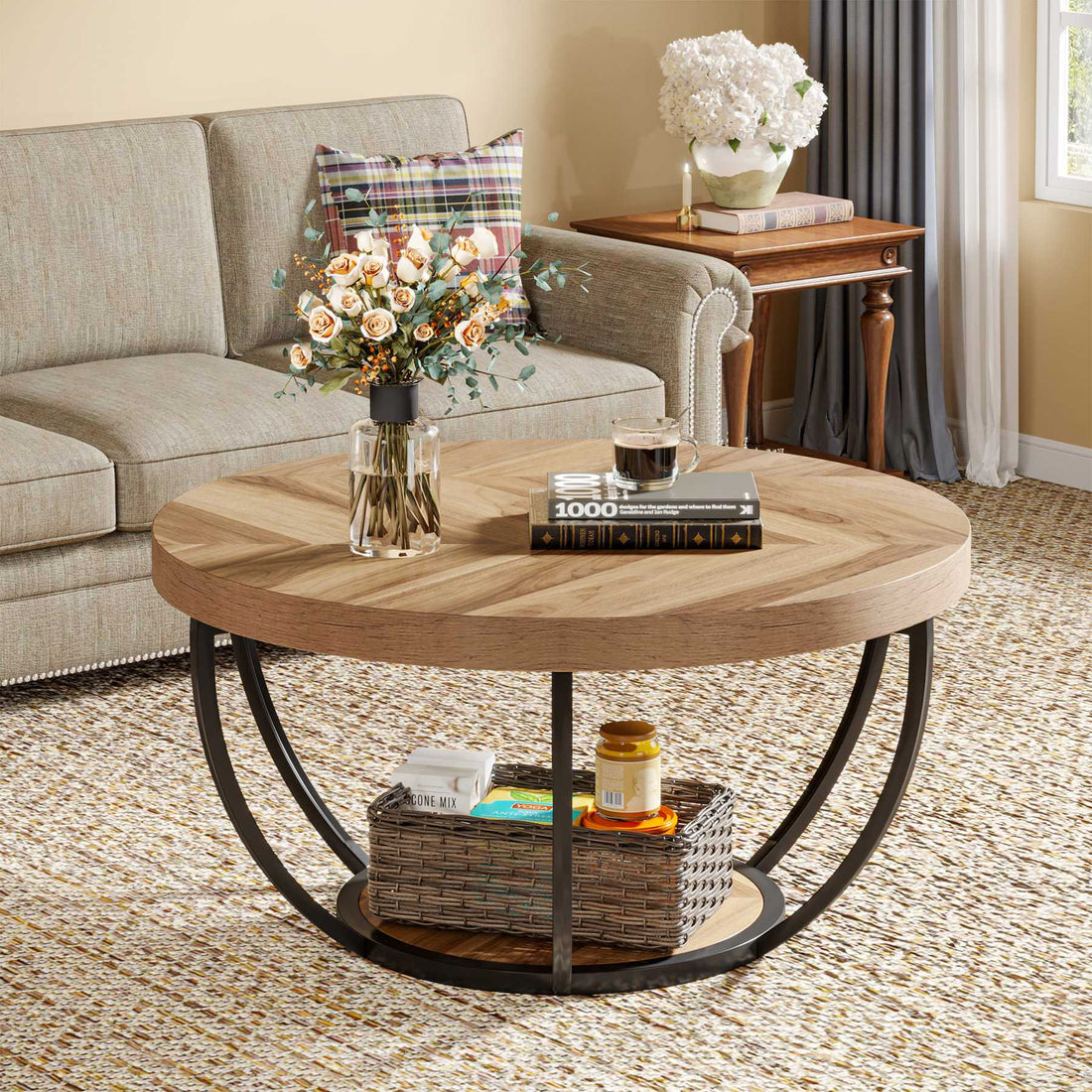 Tribesigns Coffee Table, 2-Tier Wooden Round Central Cocktail Table ...