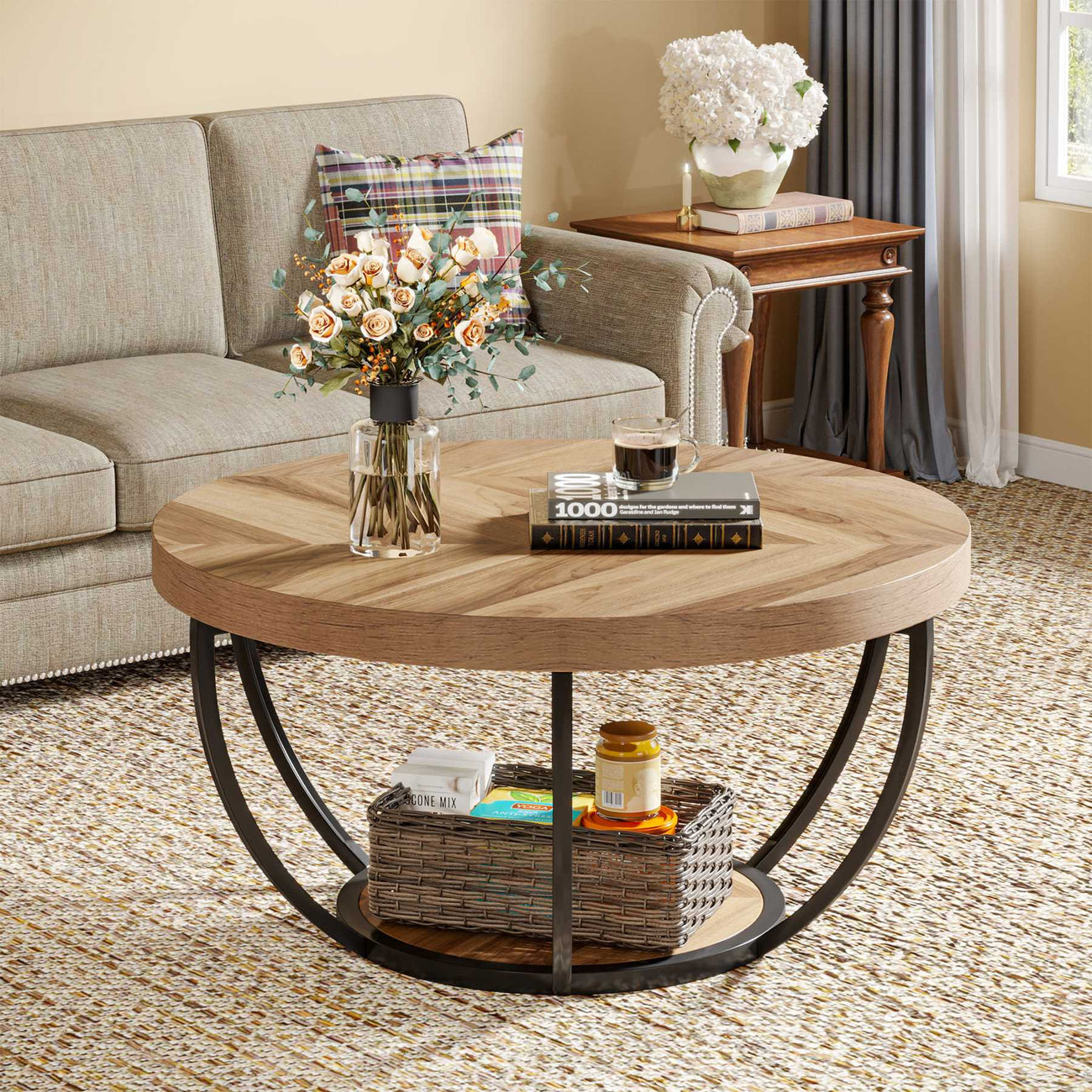 Tribesigns Coffee Table, 2-Tier Wooden Round Central Cocktail Table ...