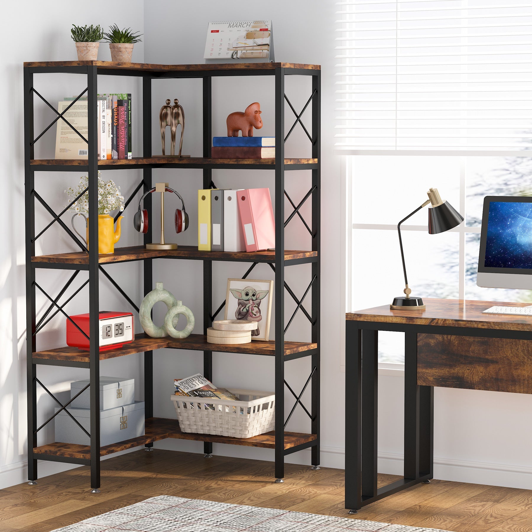 5 Tier Corner Bookshelf 65.7 Inch Tall Etagere Bookcase Display Rack