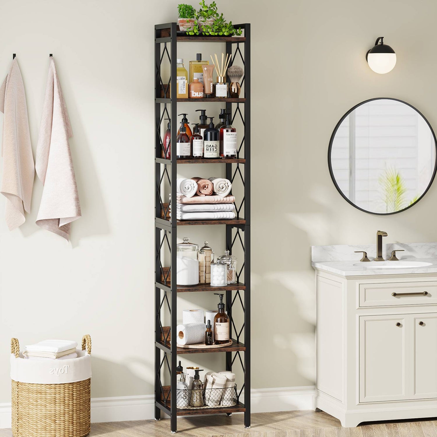 Modern 7-Tier Corner Shelf, 78.7" Tall Narrow Bookcase for Corners ...